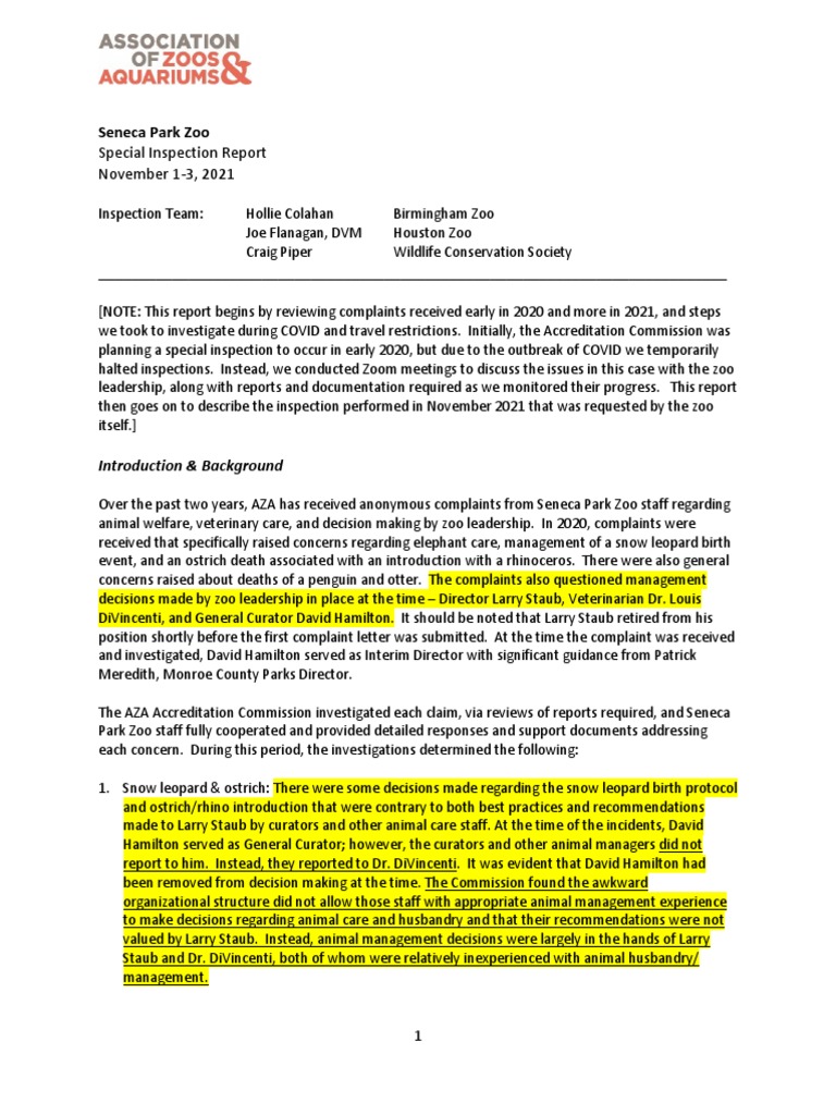 Seneca Park Zoo - Special Inspection Report 1-2022 | PDF | Zoo | Animal ...