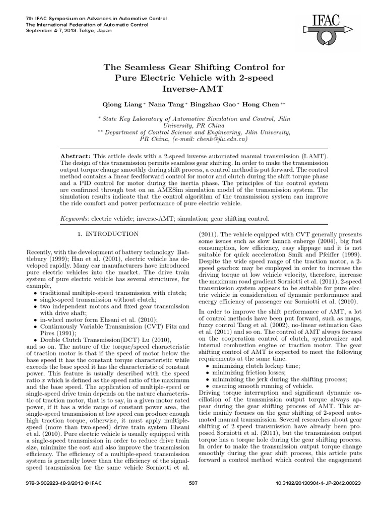 The Seamless Gear Shifting Control For Pure Electric Vehicle With 2 ...