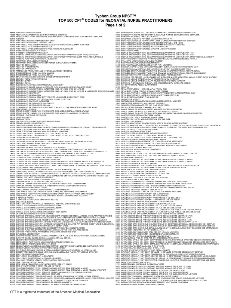 TOP 500 CPT® CODES For NEONATAL NURSE PRACTITIONERS | PDF | Medical ...