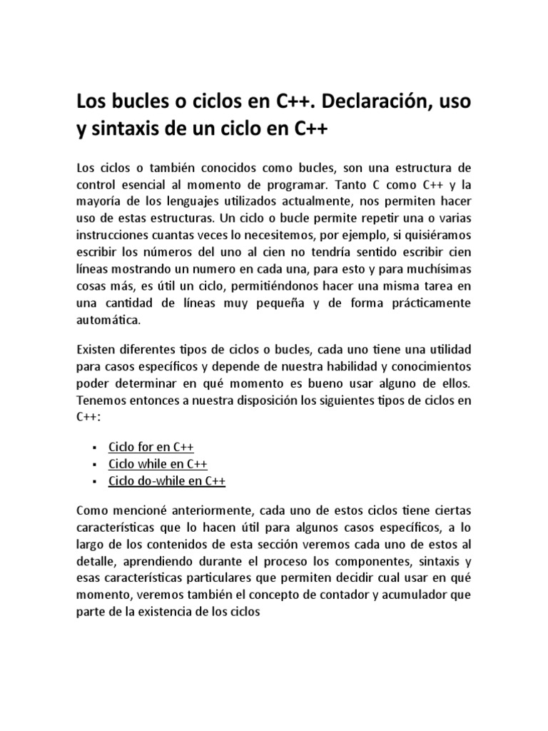 Los Bucles o Ciclos en C++ | PDF | C ++ | Lenguaje de programación