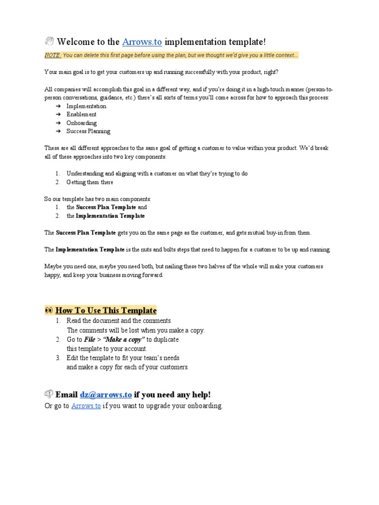 Success Plan Implementation Template Pdf Business Information
