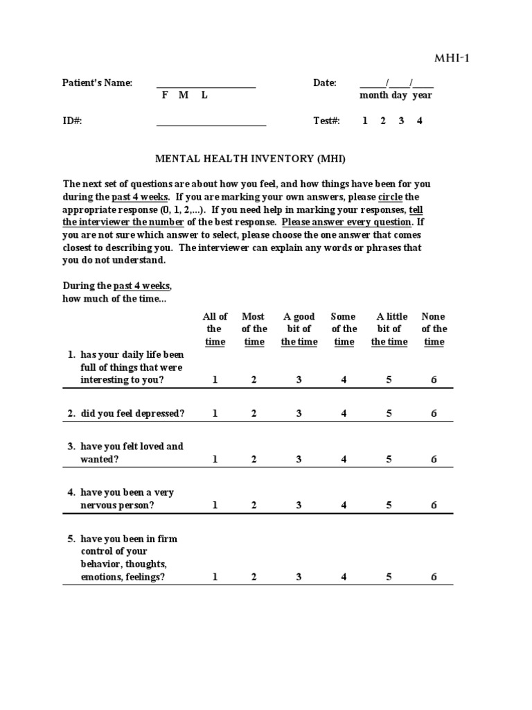 MHI Mental Health Inventory | PDF | Feeling | Metaphysics Of Mind