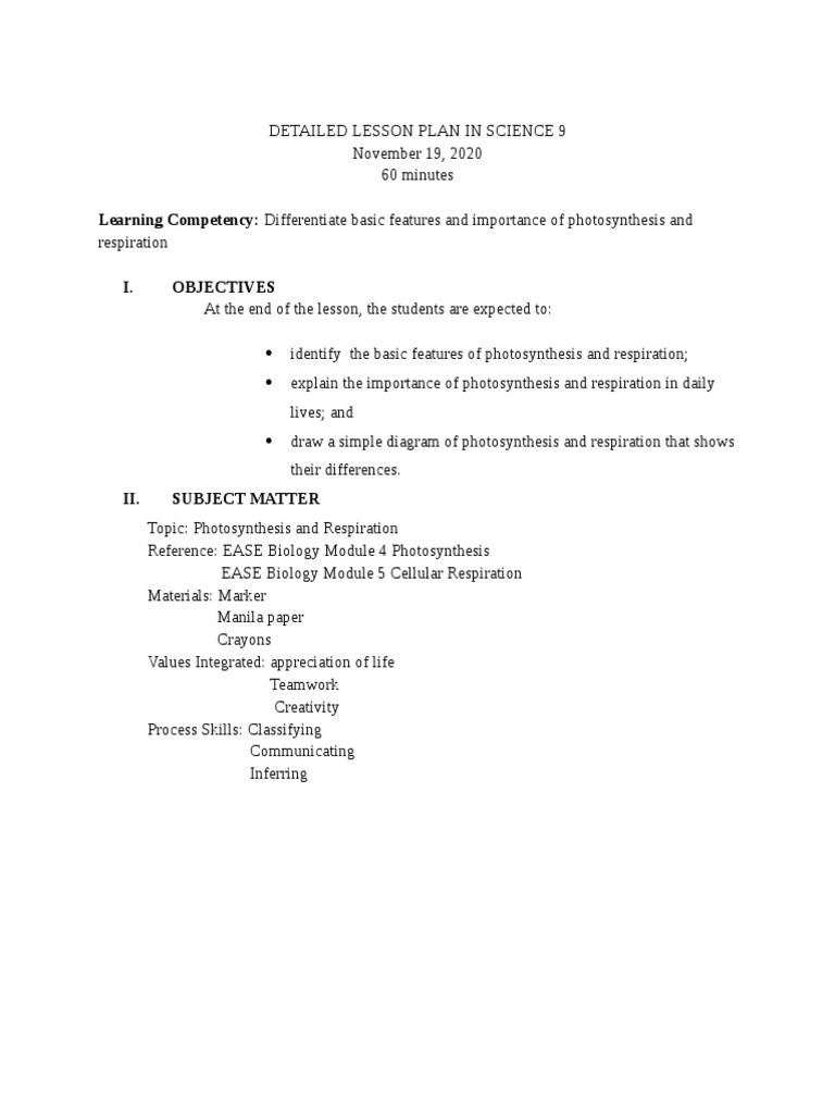 SEMI DETAILED Lesson Plan 1 | PDF | Photosynthesis | Chloroplast