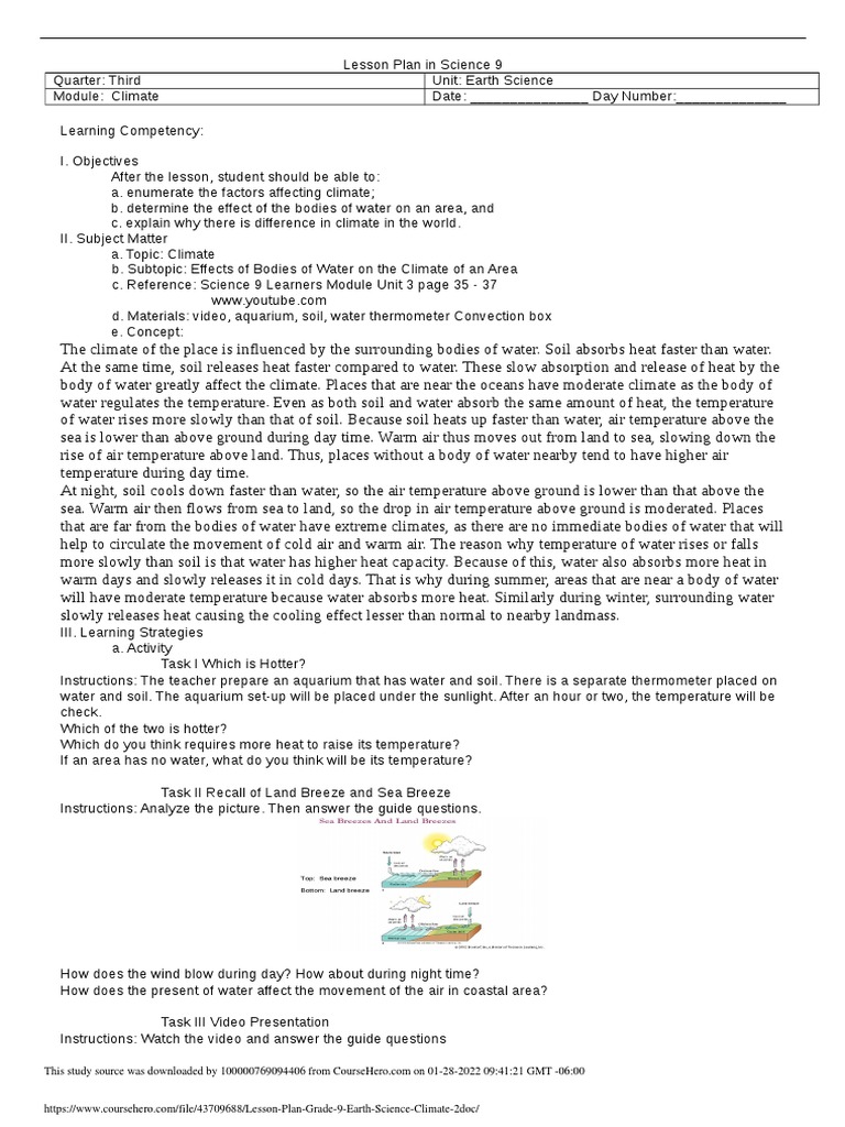Lesson Plan Grade 9 Earth Science Climate 2 | PDF | Water | Atmosphere ...
