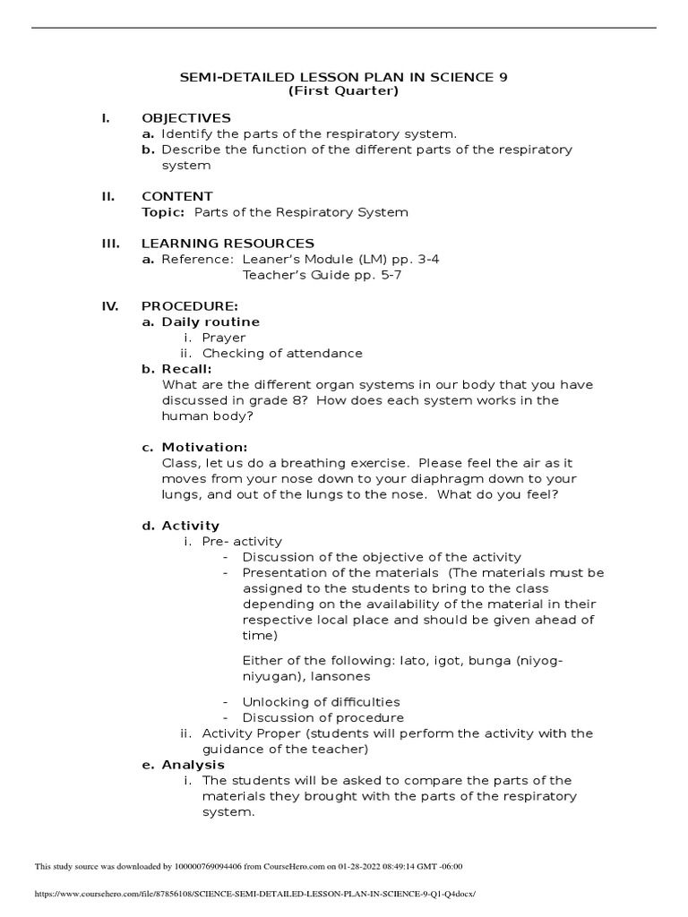 Science Semi Detailed Lesson Plan in Science 9 Q1 Q4 | PDF | Respiratory System | Breathing