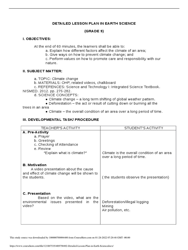 Detailed Lesson Plan in Earth Science (GRADE 9) I. Objectives | PDF ...