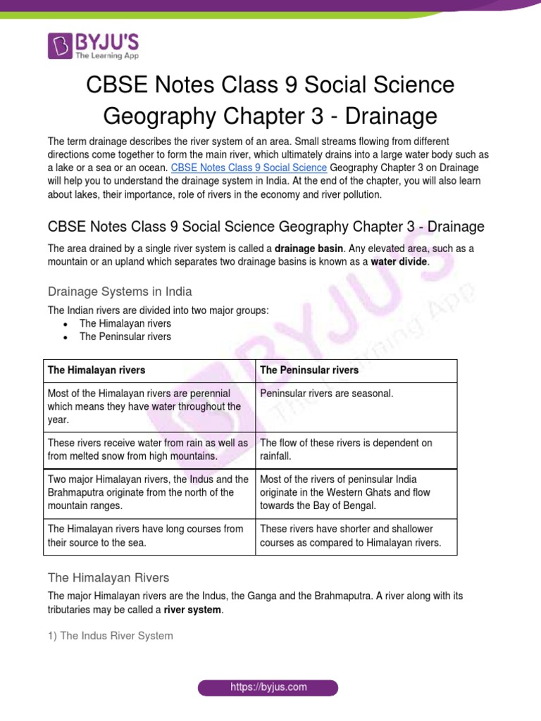 Class 9 Geography: Drainage Notes | PDF | Drainage Basin | Himalayas