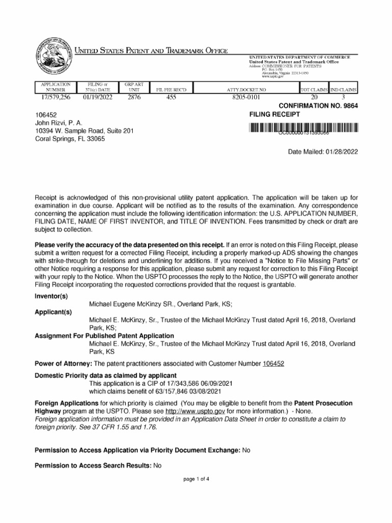 8205-0101 Michael EMcKinzy SR Official Filing Receipt - Continuation in ...