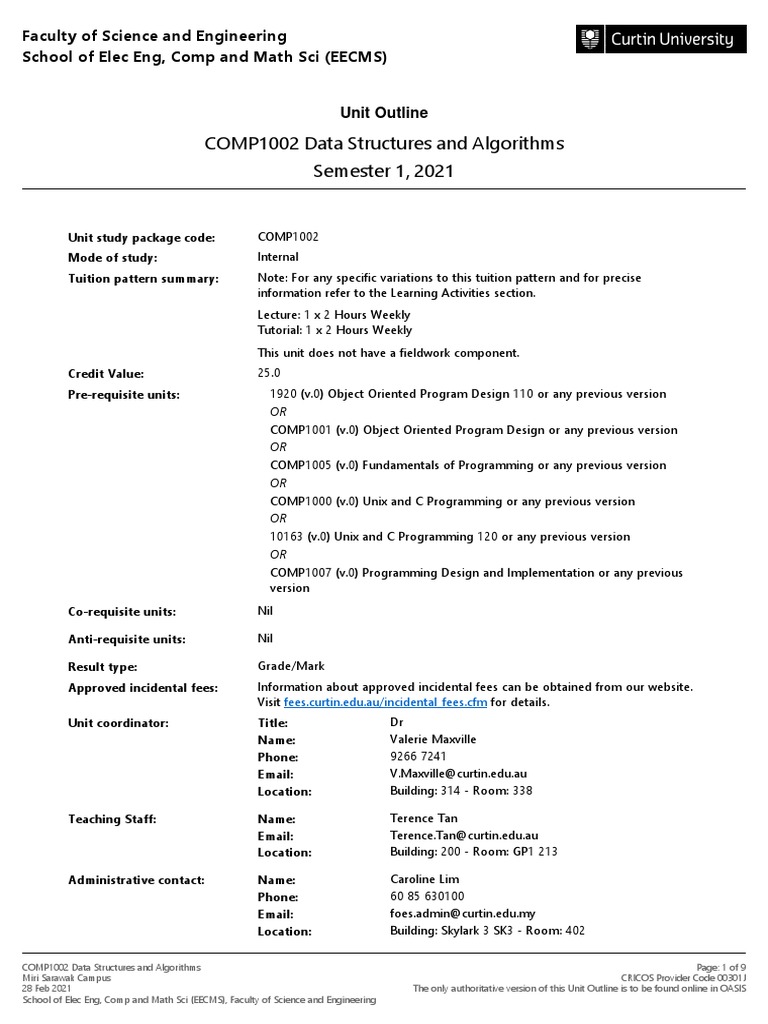 COMP1002 Data Structures and Algorithms Semester 1 2021 | PDF | Academic Dishonesty | Academic ...