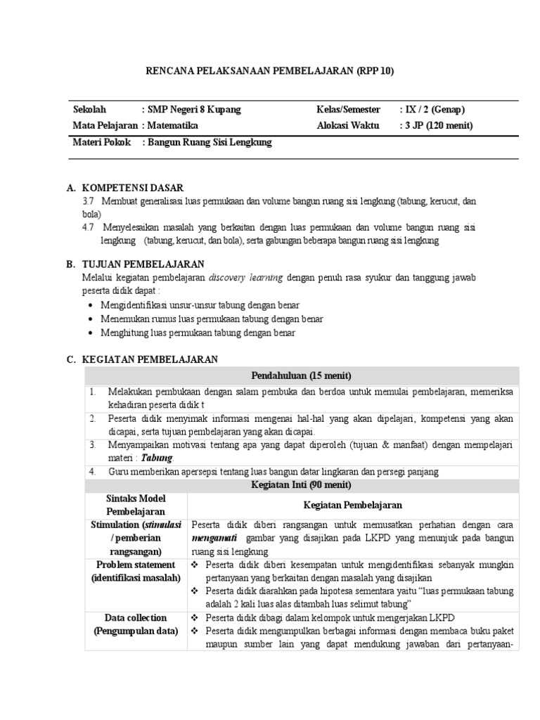 RPP Bangun Ruang Sisi Lengkung 1 | PDF