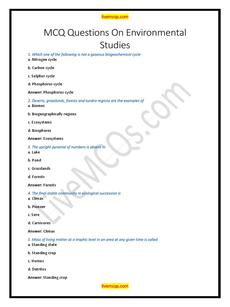 Environmental Studies MCQs with Answers | PDF | Food Web | Ecosystem
