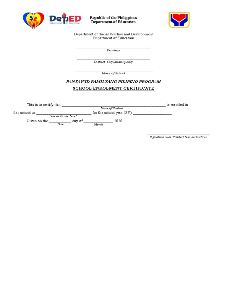 Pantawid Pamilyang Pilipino Program: School Enrolment Certificate | PDF