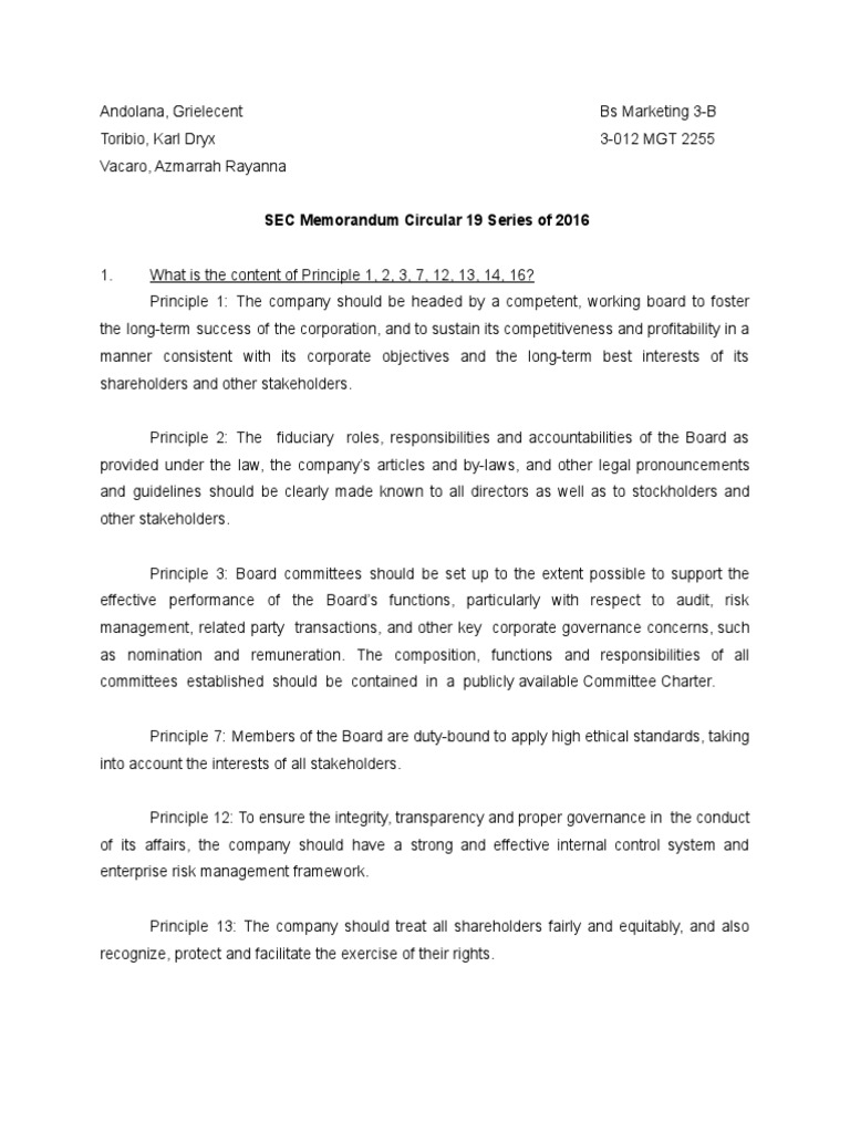 SEC Memorandum Circular 19 Series of 2016 | PDF | Corporate Governance ...
