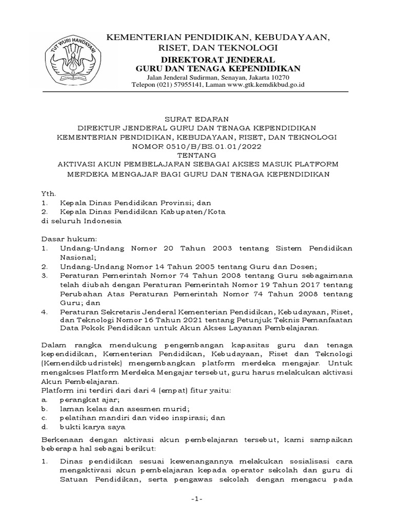 SE Aktivasi Akun Pembelajaran PMM - TTD | PDF