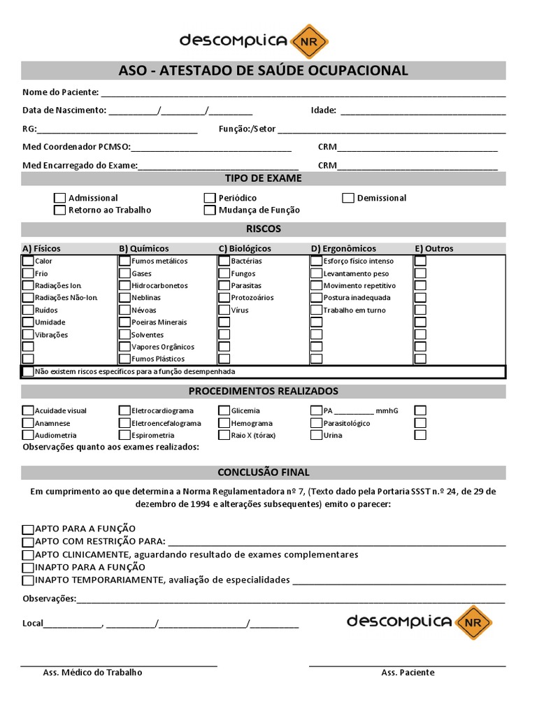 ASO - Atestado de Saúde Ocupacional | PDF | Medicina Clínica ...