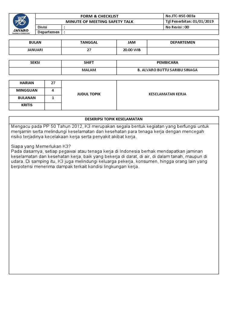 3b. Laporan Safety Meeting | PDF