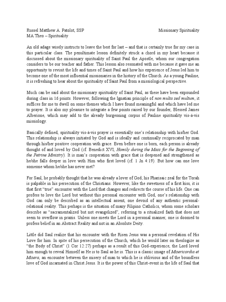Missionary Spirituality Reflection Paper | PDF | Paul The Apostle | Love