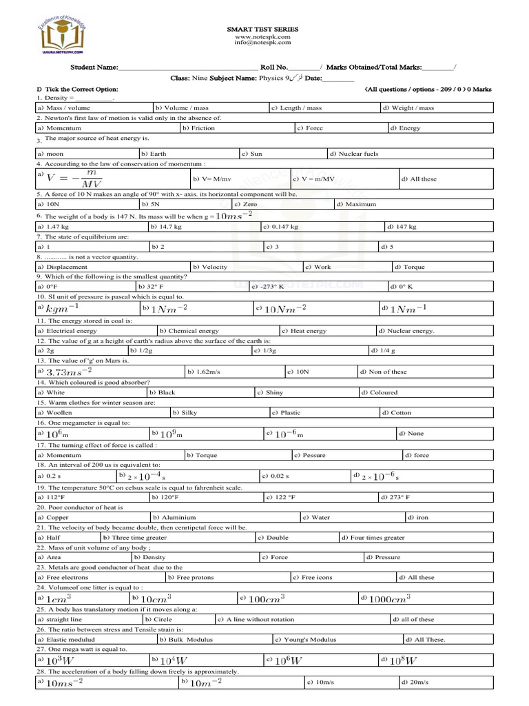 9th Physics Full Book UNsolved MCQS Full Syllabus From Past Papers | PDF | Force | Mass