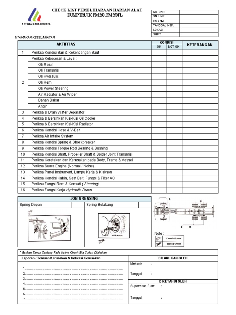 DAILY MAINTENANCE CHECKLIST FOR DUMP TRUCKS | PDF