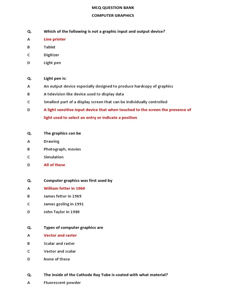 Computer Graphics MCQ Question Bank | PDF | Computer Graphics | Pixel