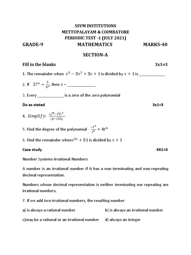 Grade-9 Mathematics Marks-40 Section-A | PDF | Numbers | Rational Number