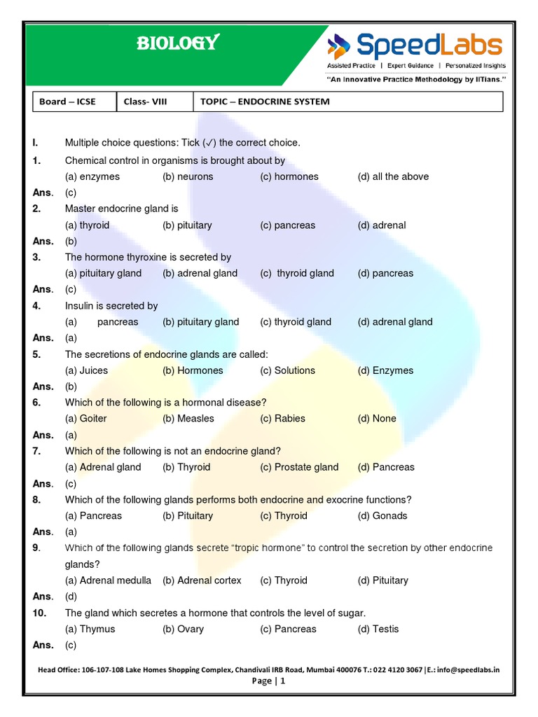 ICSE Class 8 Endocrine System Worksheet | PDF | Endocrine System | Hormone