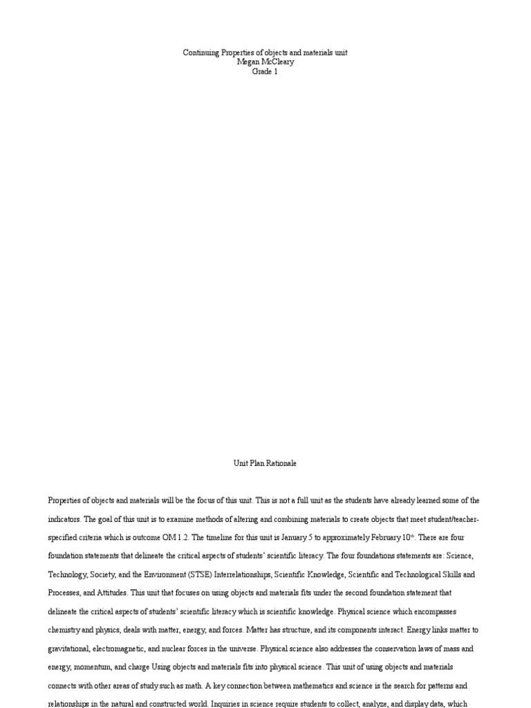 Continuing Properties of Objects and Materials Unit Megan Mccleary ...