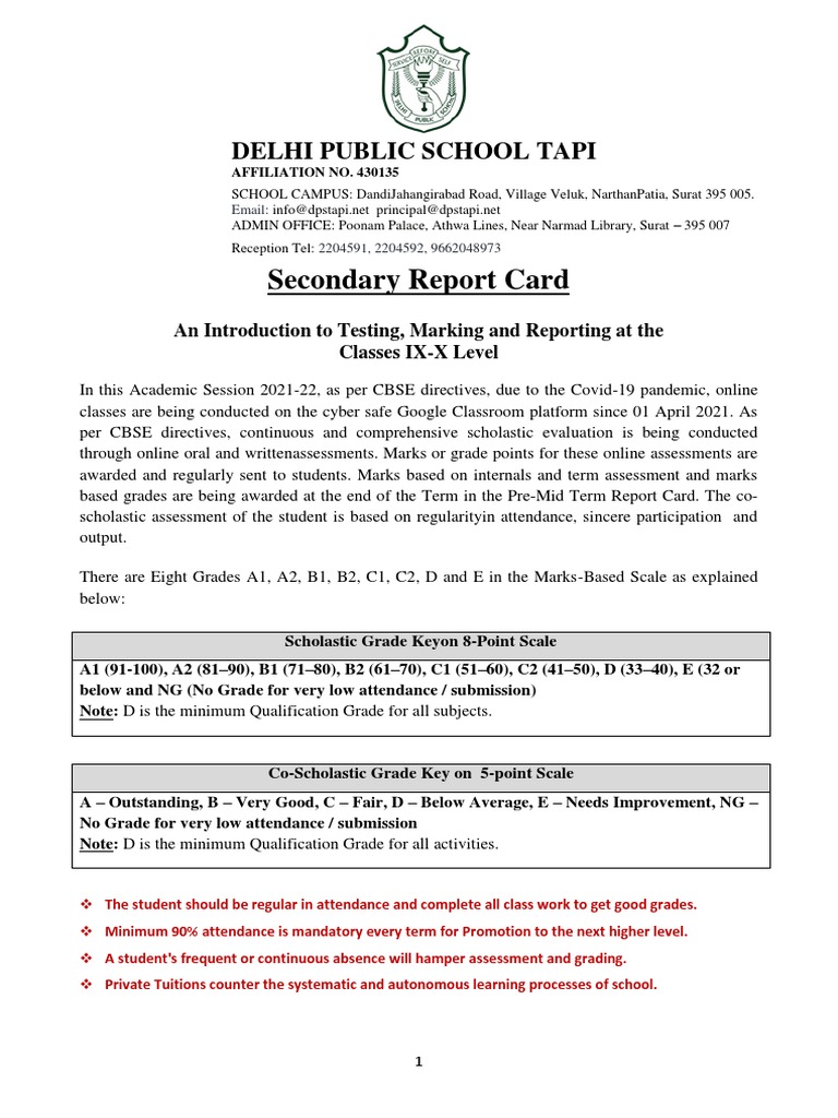 Secondary Report Card: Delhi Public School Tapi | PDF | Educational ...