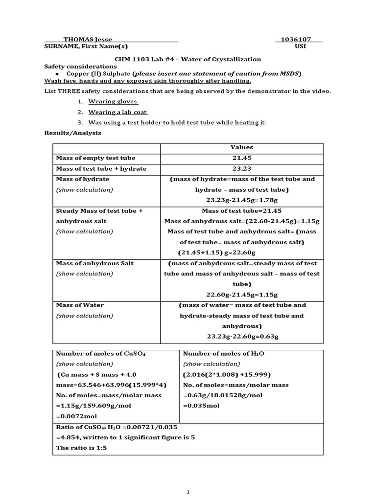 CHM 1103 Lab - 4 - Student Report - Docx | PDF | Mole (Unit) | Chemistry