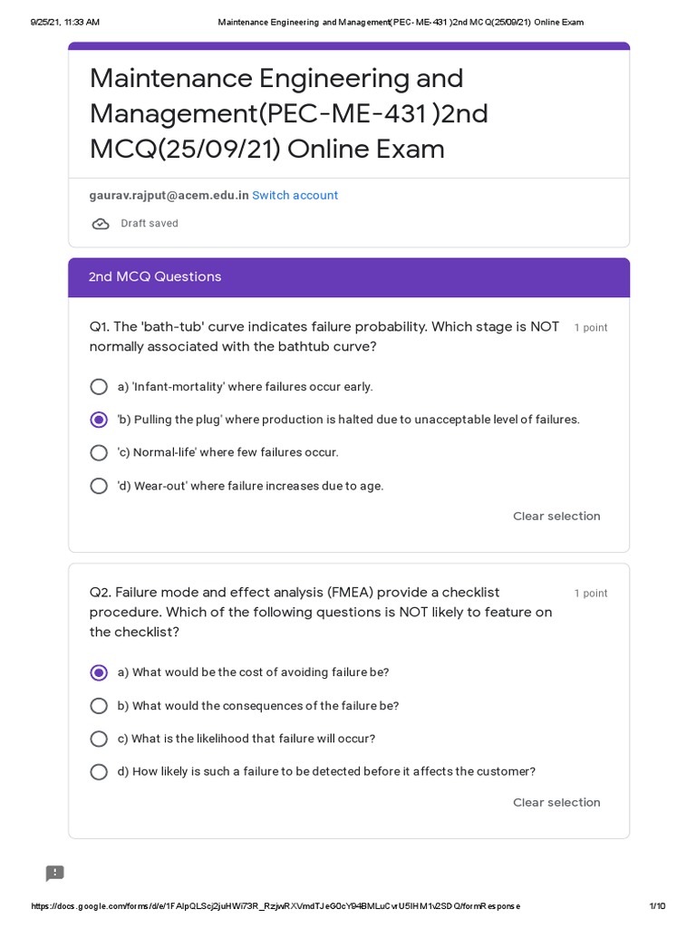 Maintenance Engineering MCQ Exam 2 | PDF | Reliability Engineering ...