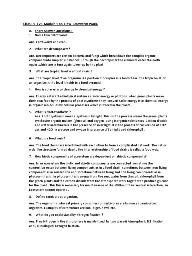 Class:-9 EVS Module 1 On How Ecosystem Work. A. Short Answer Questions | PDF | Nitrogen | Ecosystem