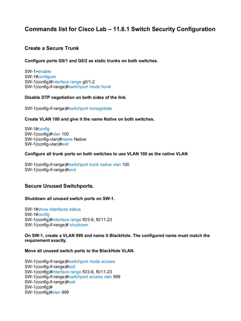 Command List For Cisco Lab 11.6.1 Switch Security Config | Download Free PDF | Computing ...