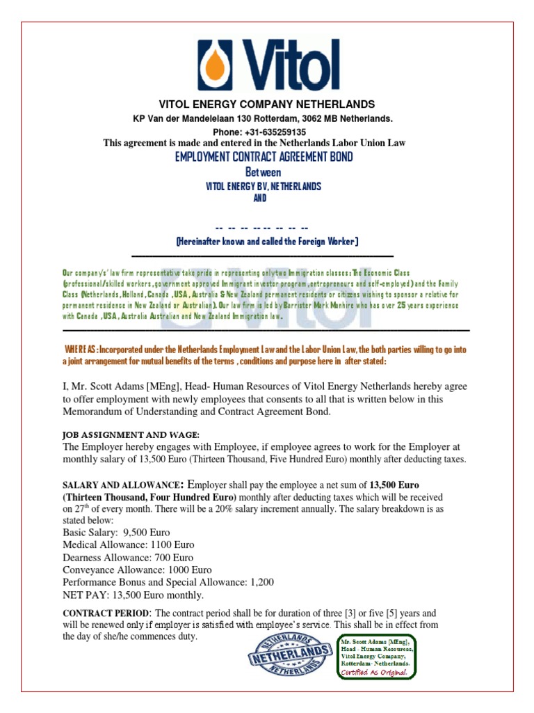 Vitol Energy Netherlands-Agreement and MoU (R) | PDF | Employment | Salary