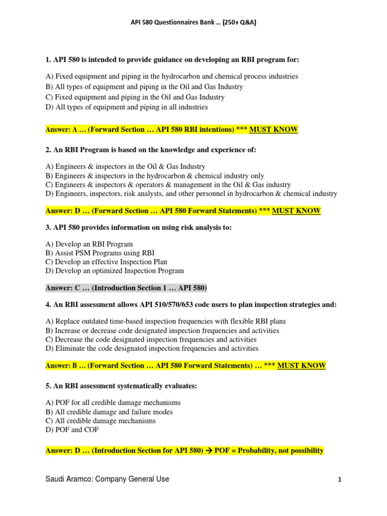 API 580 Questionnaires Bank - 1 | PDF | Risk | Risk Management