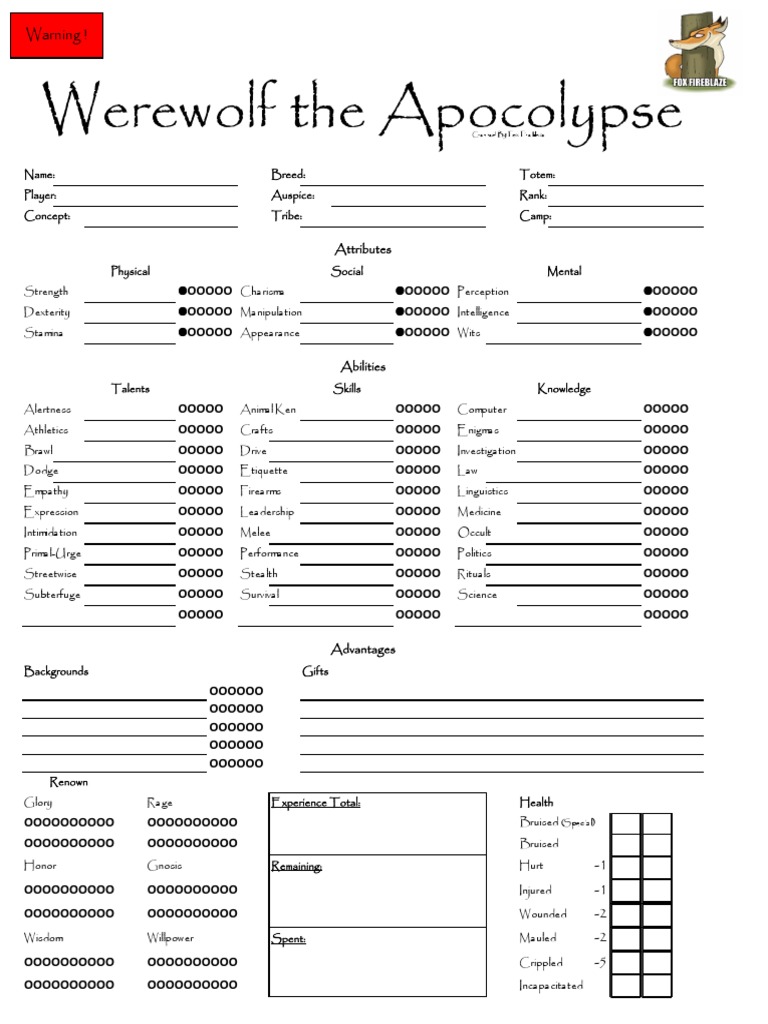 Werewolf Character Sheet | PDF | Psychological Concepts | Cognition