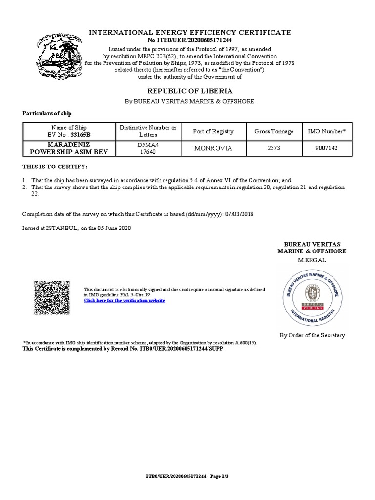 International Energy Efficiency Certificate: Karadeniz Powership Asim ...