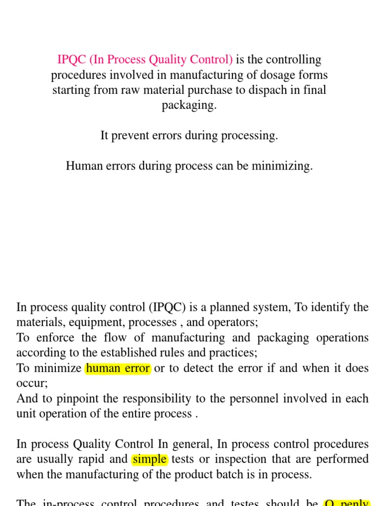 IPQC (In Process Quality Control) | PDF | Tablet (Pharmacy) | Chemistry