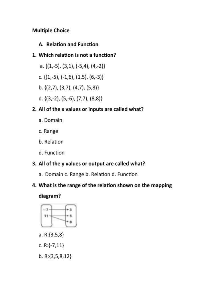 Multiple Choice A. Relation and Function 1. Which Relation Is Not A ...