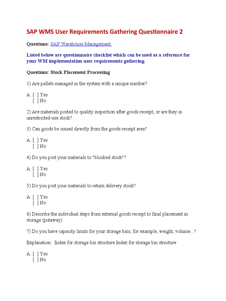 SAP WMS User Requirements Gathering Questionnaire 2 | PDF | Warehouse | Receipt