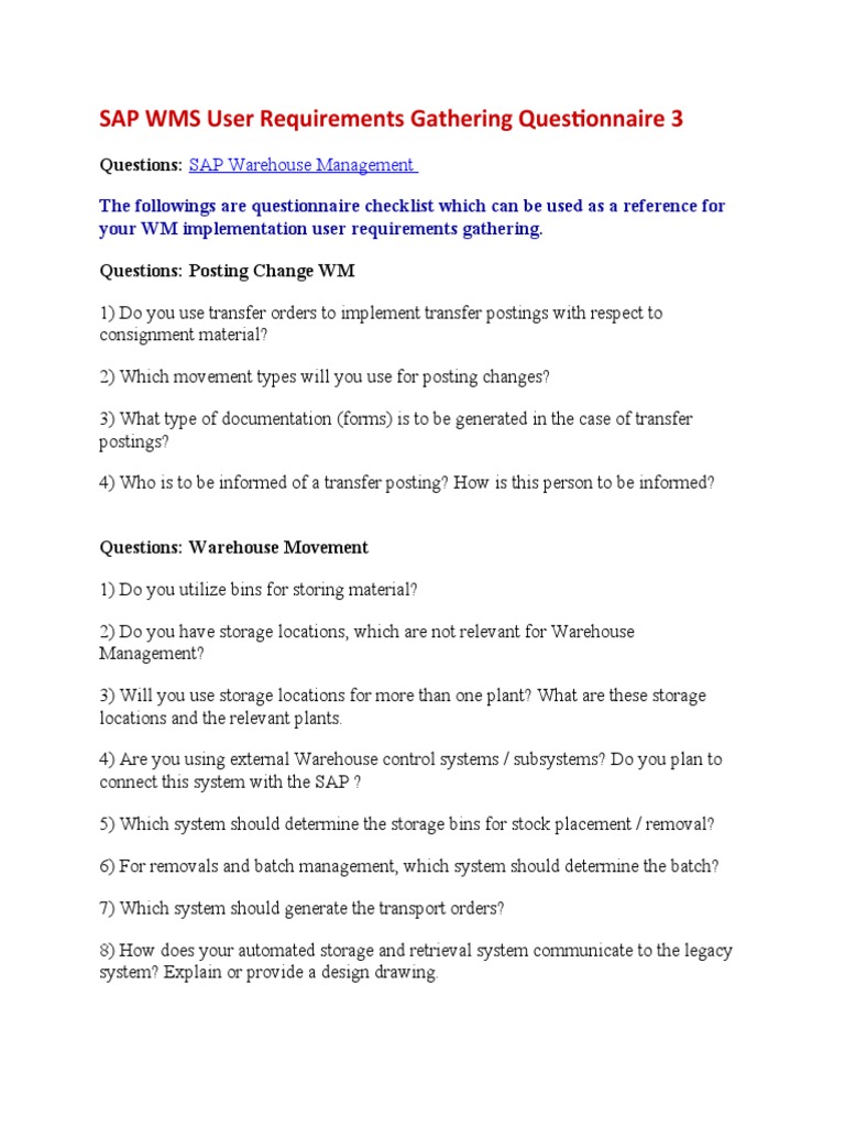 SAP WMS User Requirements Gathering Questionnaire 3 | PDF | Warehouse ...