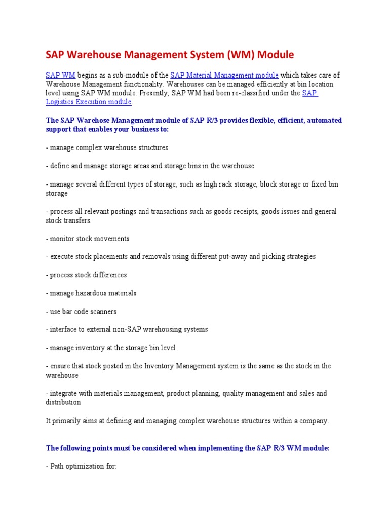 SAP Warehouse Management System (WM) Module | PDF
