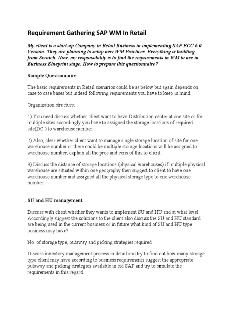 Requirement Gathering SAP WM in Retail | PDF | Warehouse | Retail