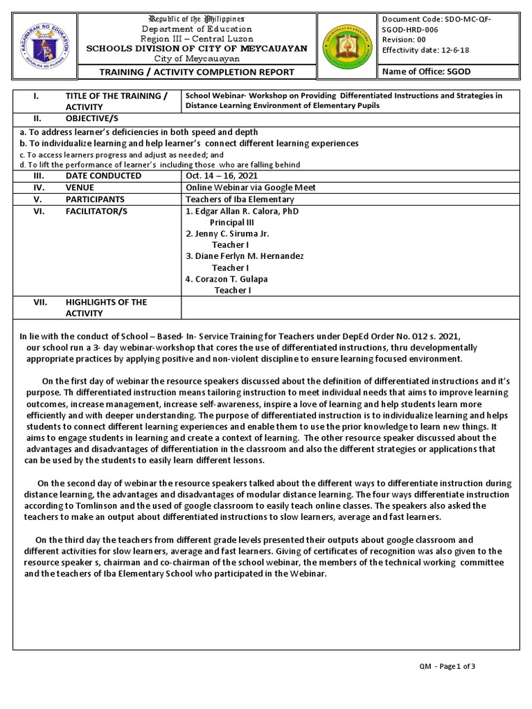 Implementing Differentiated Instruction Through Online Workshops: A Report on a Three-Day ...