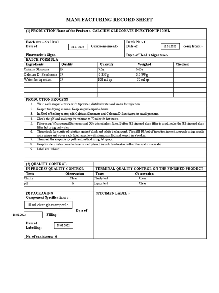 Manufacturing Record Sheet Calcium Gluconate | PDF | Water ...