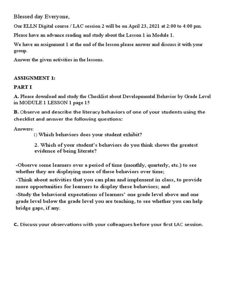 MODULE 1 Lesson 1 Assignment ELLN | PDF | Career & Growth