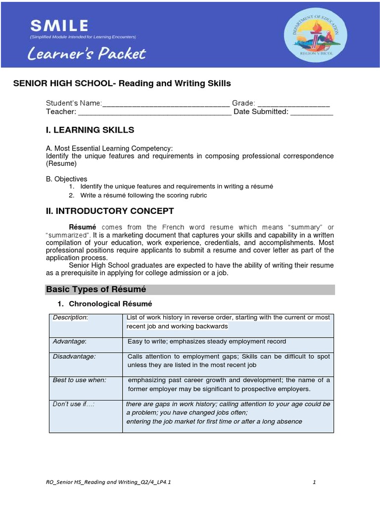 SMILE Reading and Writing Q2 LP4.1 | PDF | Résumé