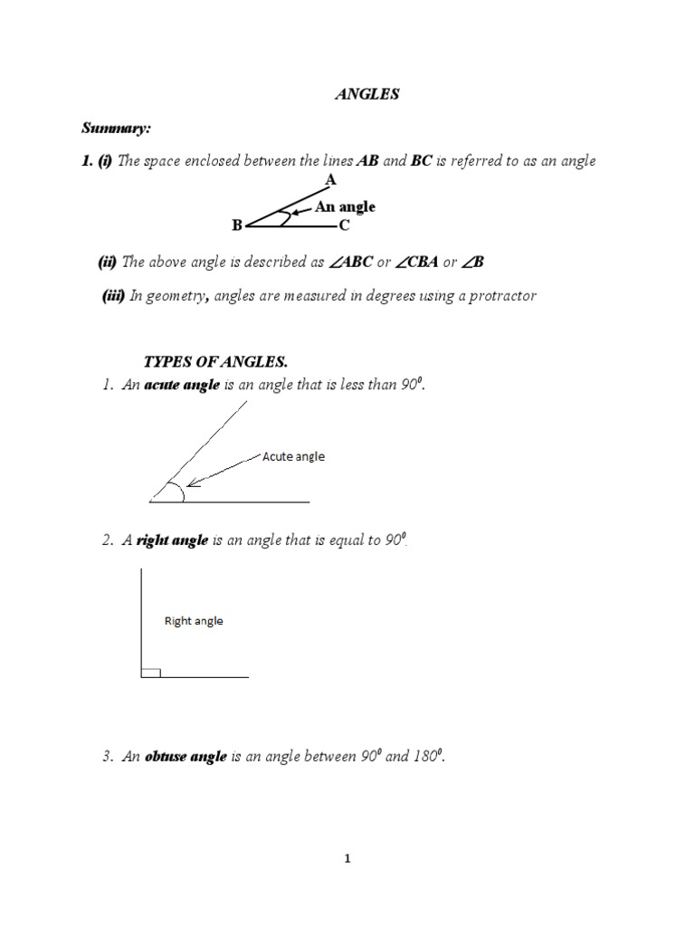 Angles Summary: 1. (I) The Space Enclosed Between The Lines AB and BC ...