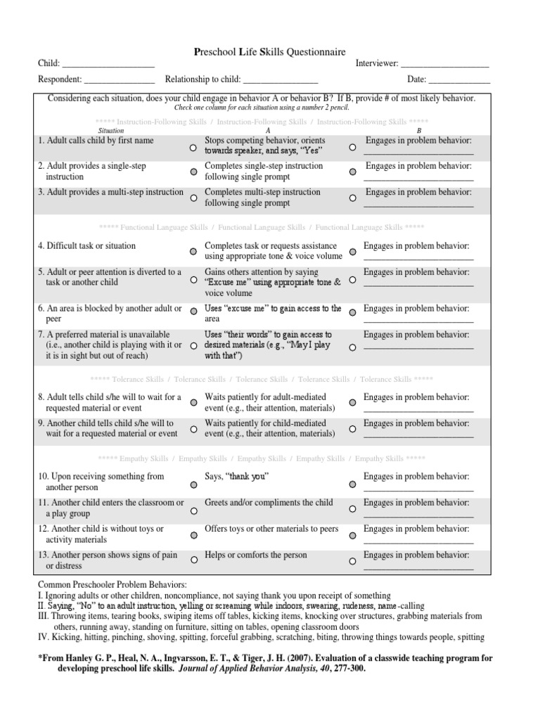 Preschool Life Skills Questionnaire Post | PDF | Cognitive Science | Cognition