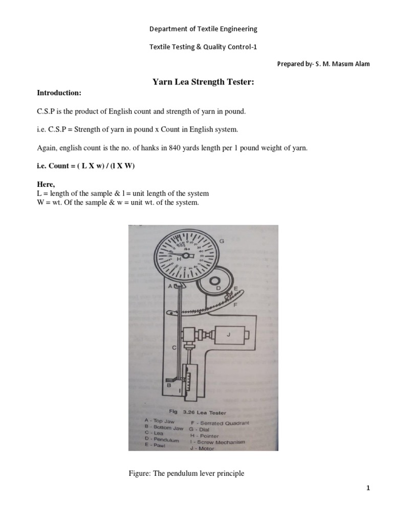 Yarn Lea Strength Tester:: Prepared By-S. M. Masum Alam | PDF | Yarn ...