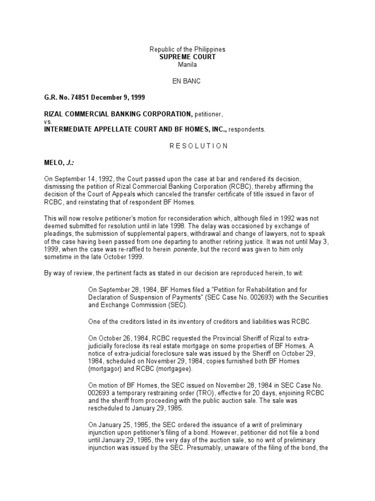 123 RCBC v. IAC and BF Homes | PDF | Foreclosure | Injunction